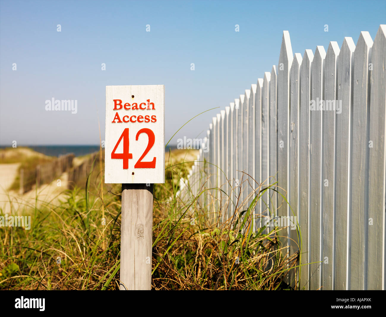 Beach access sign with picket fence at Bald Head Island North Carolina ...