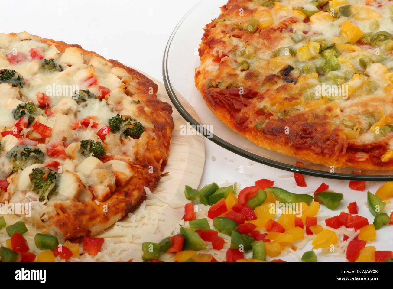 Vegetarian pizza on a glass plate cheese vegetable fast food menu table ...