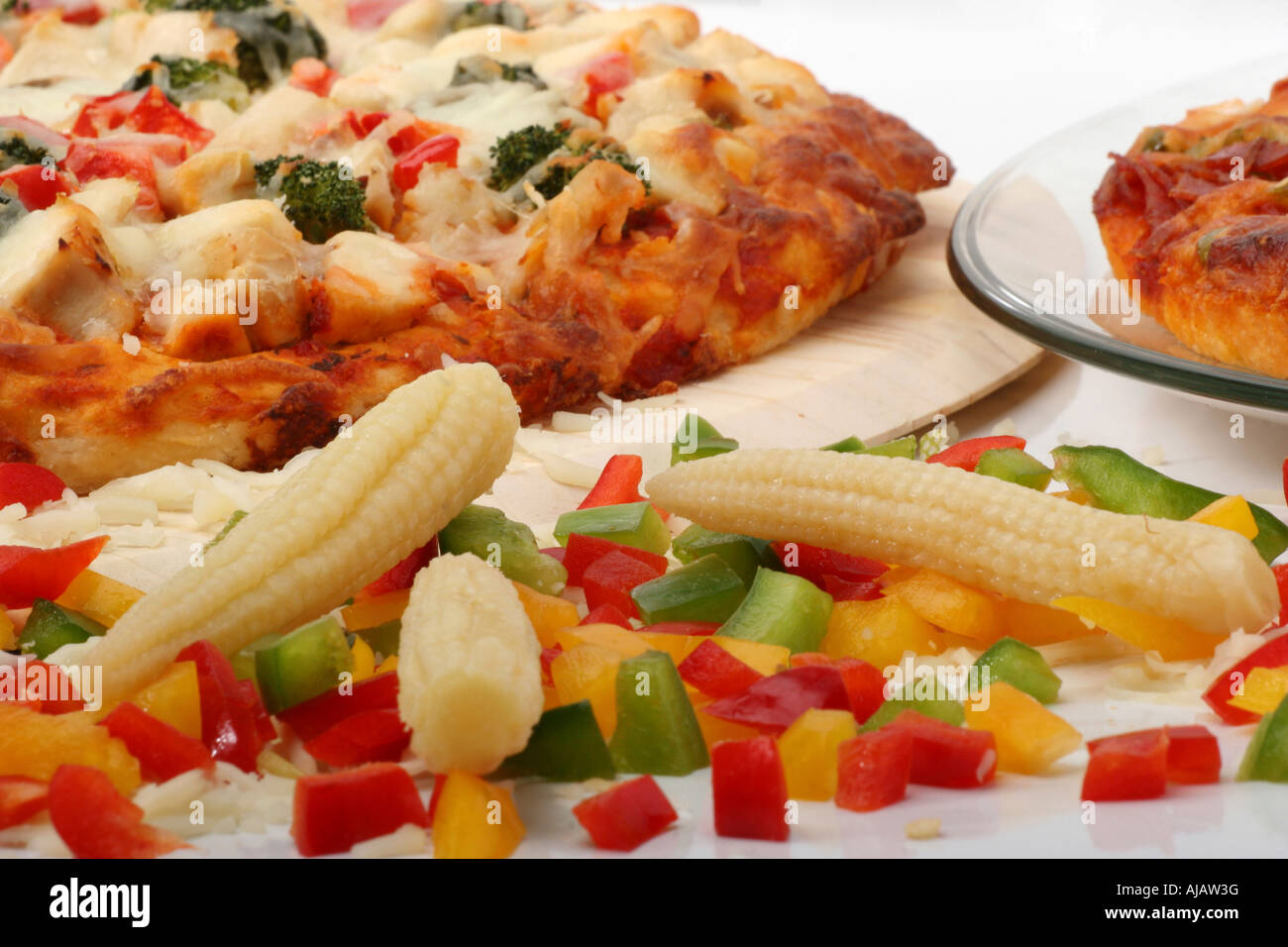 Vegetarian pizza on a plate with vegetable fast food nobody overhead ...