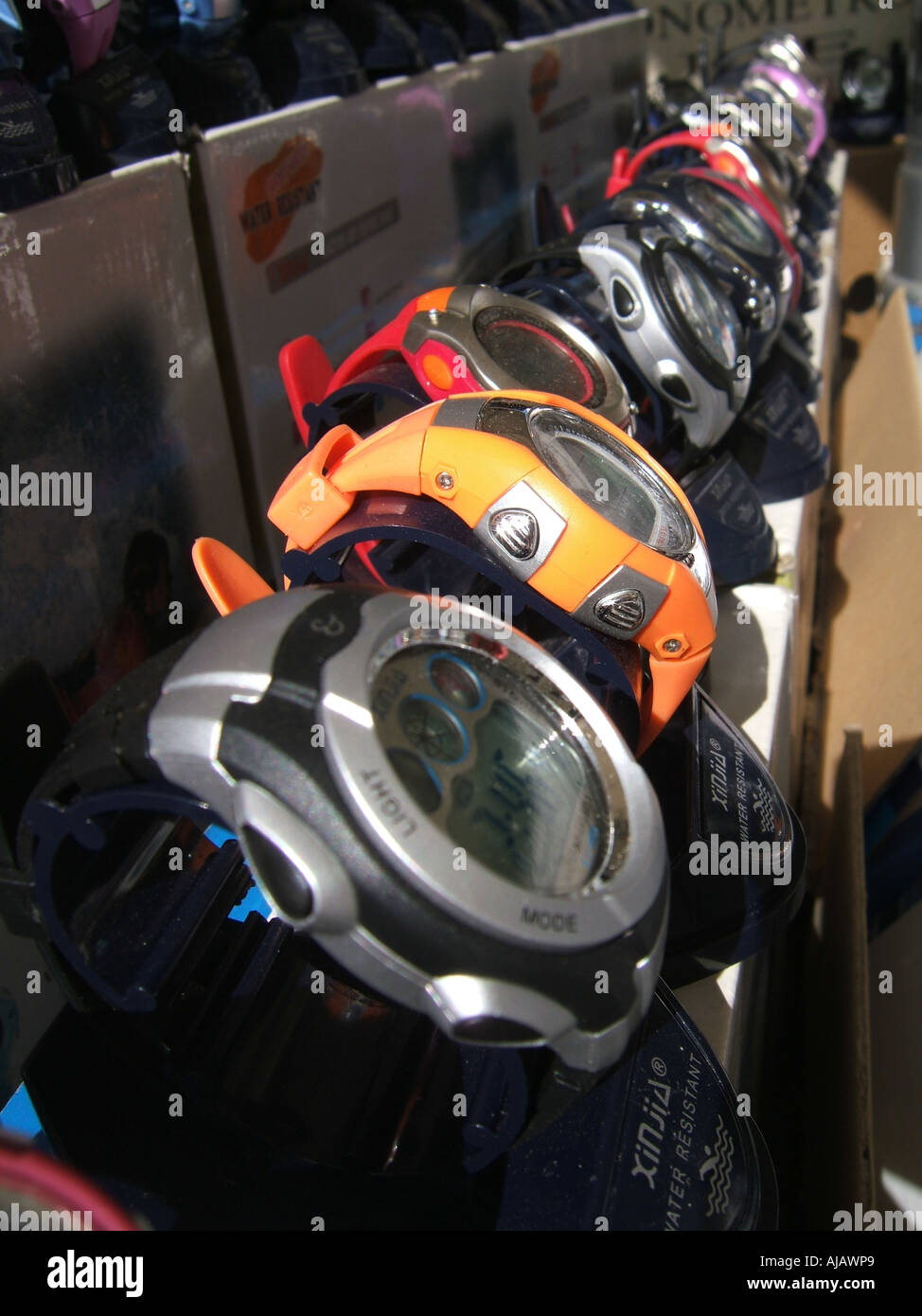 colourful digital watches in shop window display Stock Photo - Alamy