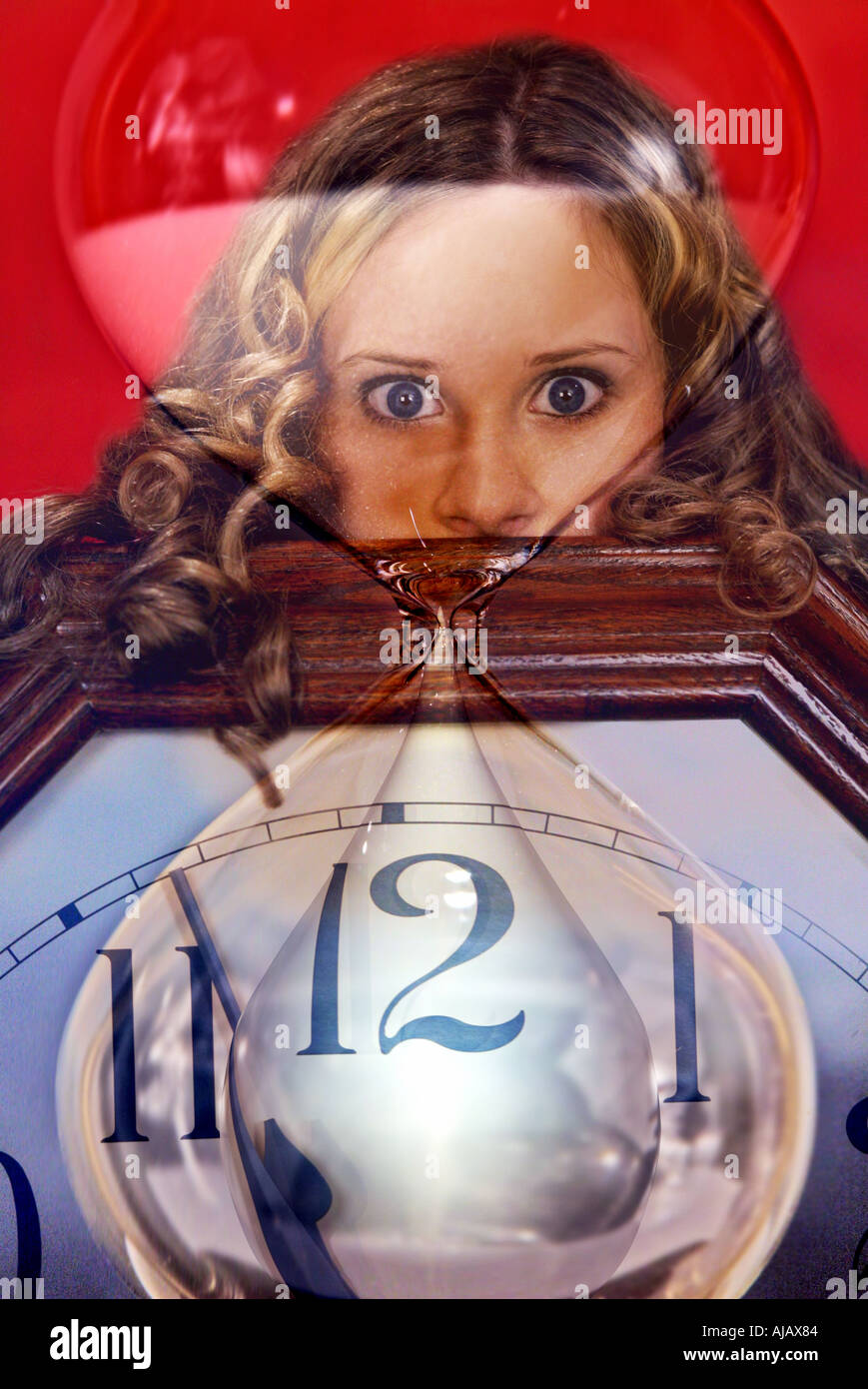 Pretty Girl Over Looking Large Clock Hour Glass Symbols and Concepts of ...