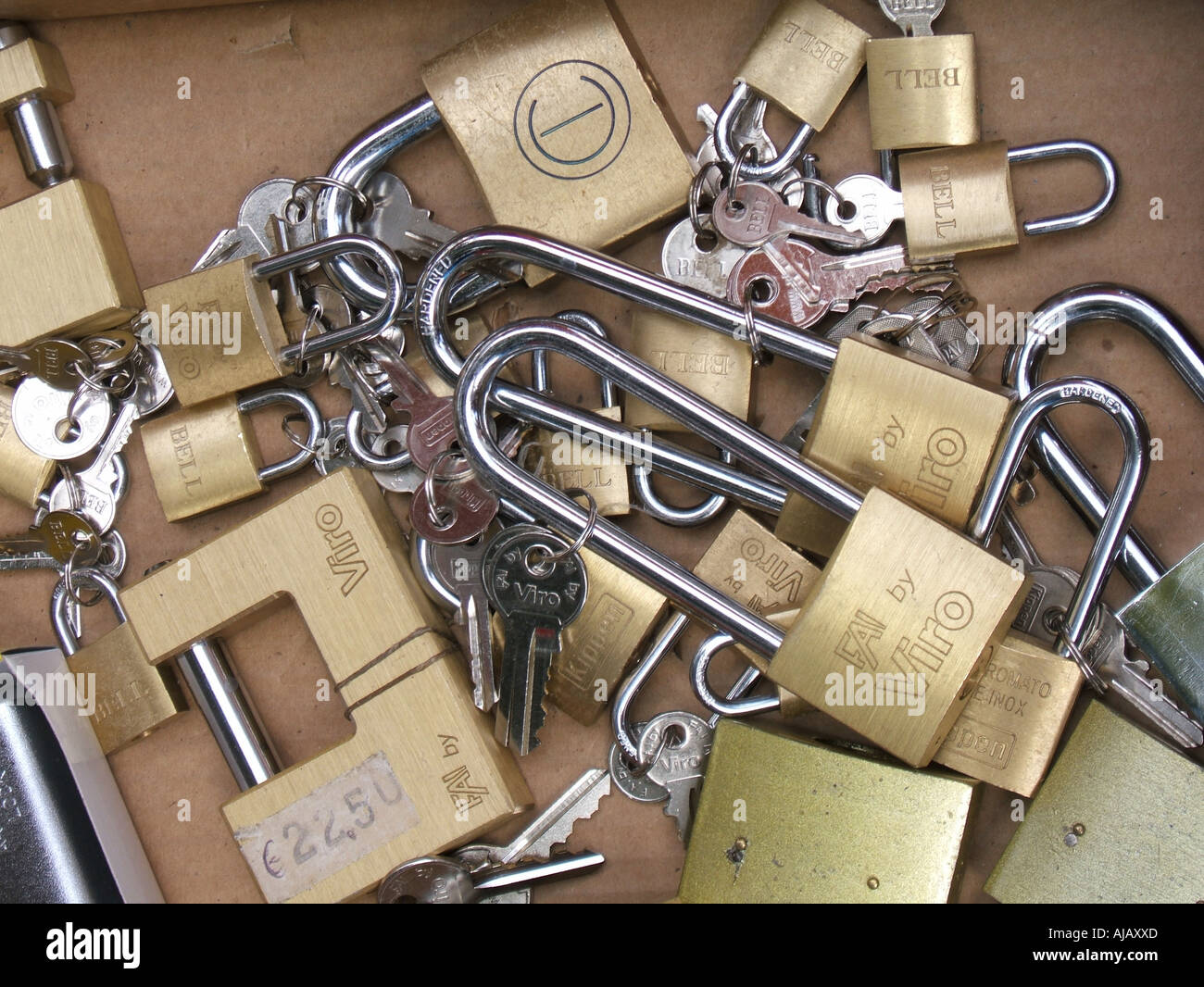 selection of brass padlocks in a cardboard box Stock Photo - Alamy