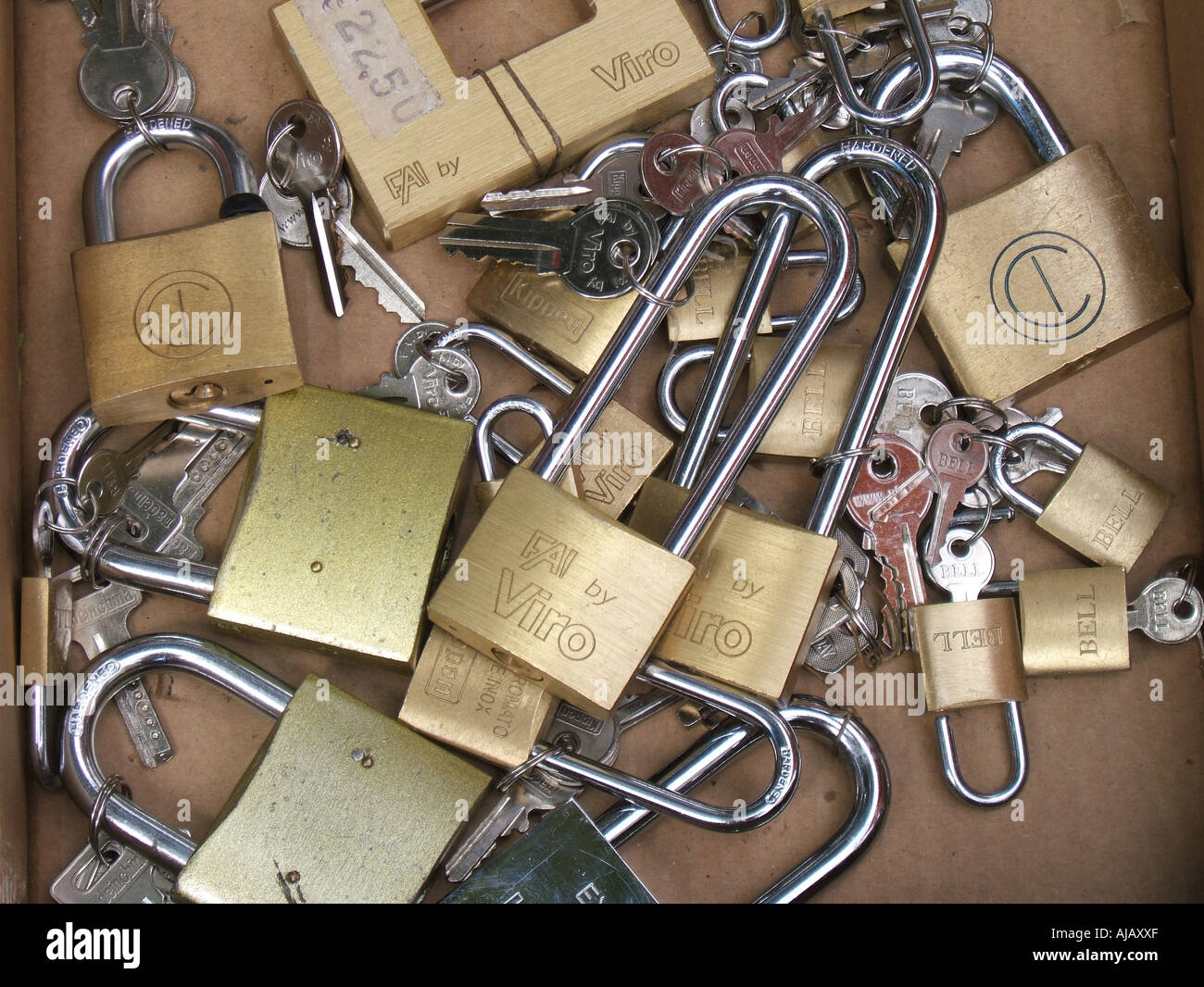 selection of brass padlocks in a cardboard box Stock Photo - Alamy