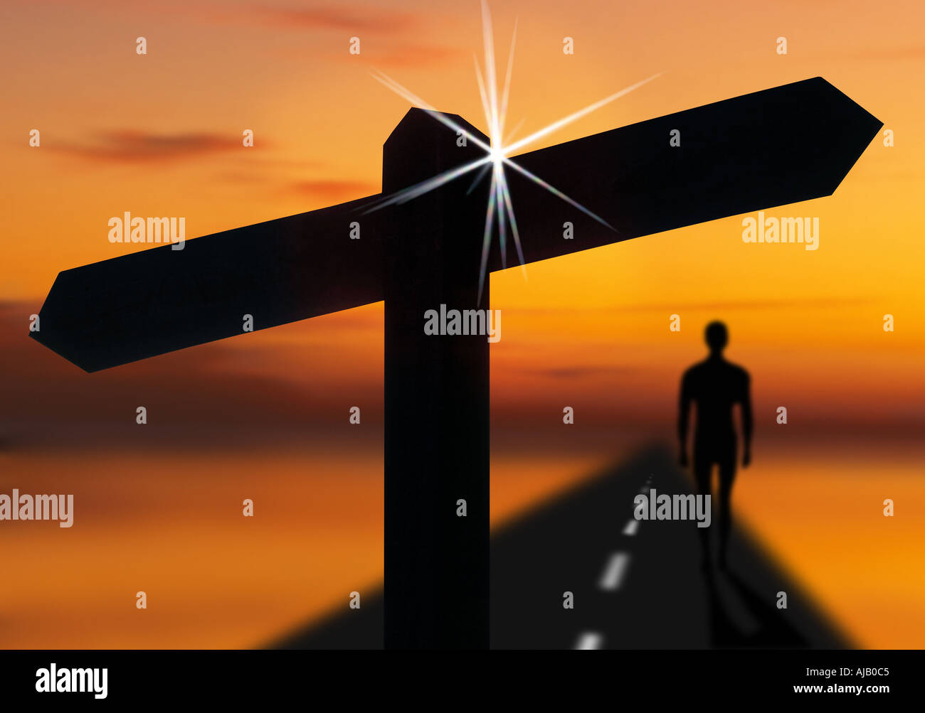 signpost and person walking down road Stock Photo - Alamy