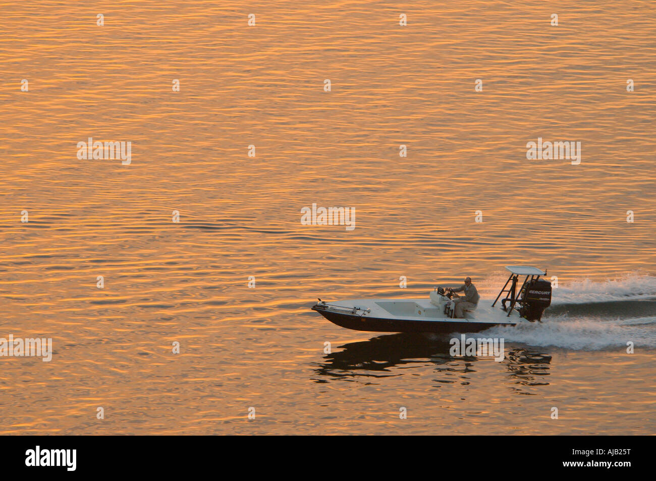 Boating fast power outboard motor boat cruises near sunset in calm flat ...
