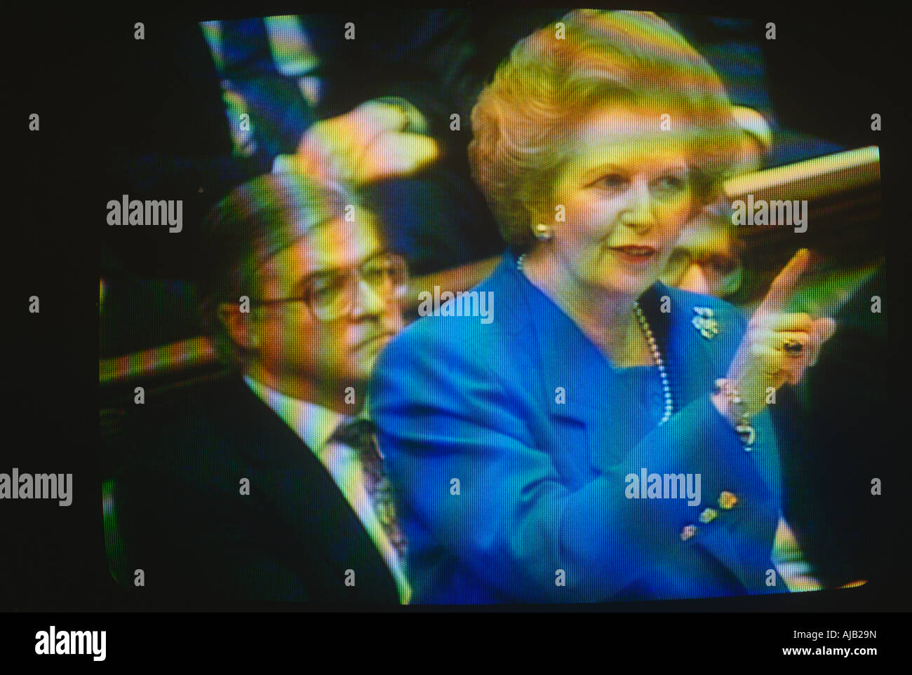 Prime Minister Margaret Thatcher seen on TV wagging a finger during ...