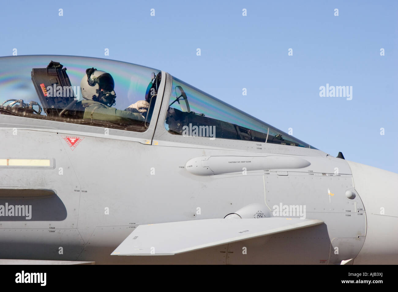 Close up of the cockpit and pilot of a Eurofighter Typhoon military jet ...