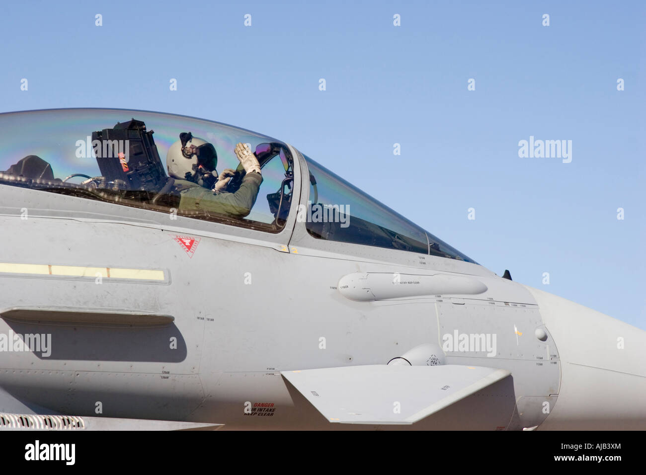 Close up of the cockpit and pilot of a Eurofighter Typhoon military jet ...