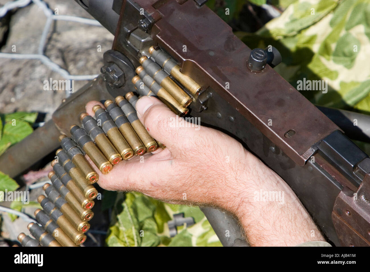 Soldier in machine gun position World War II battle re enactment Stock ...