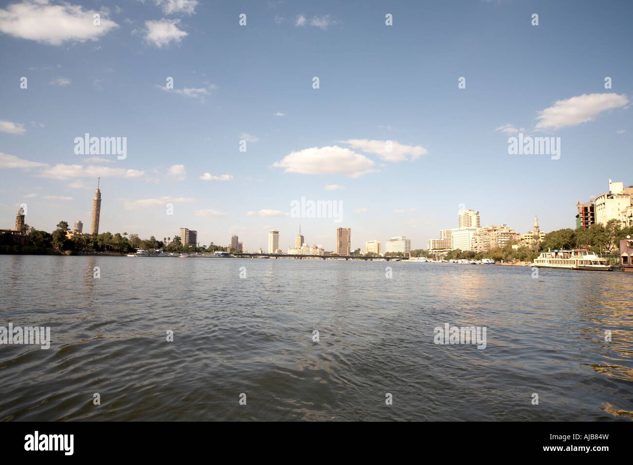 Panorama view north along River Nile towards 6 October Bridge Cairo ...