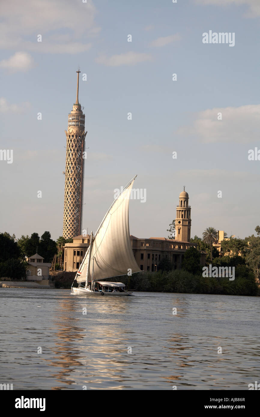 Cairo tower and felucca sailing boat on River Nile Cairo Egypt Africa ...