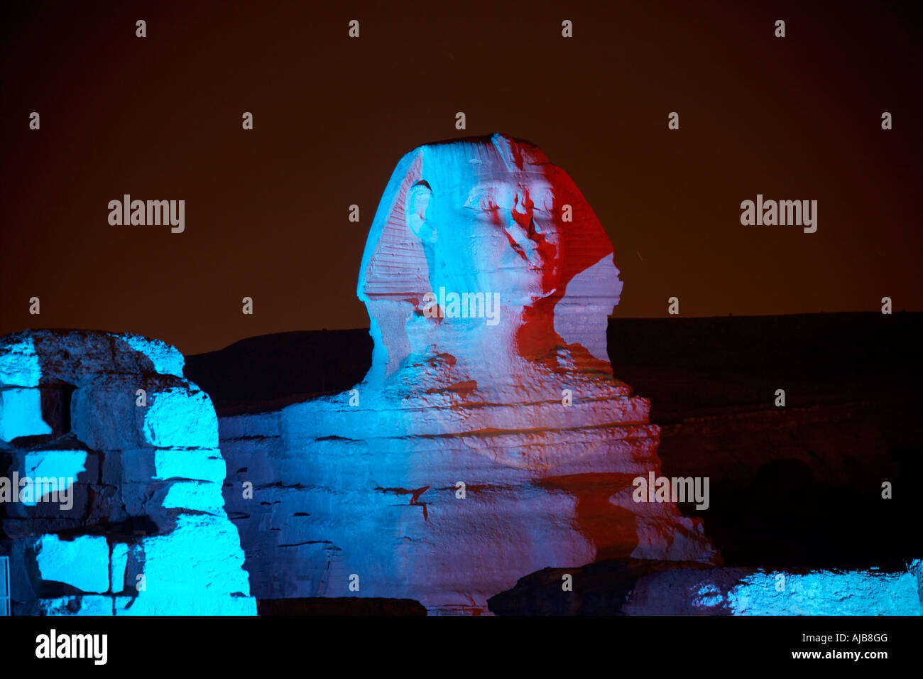 Sphinx illuminated during dramatic evening Son et Lumiere or Sound and ...