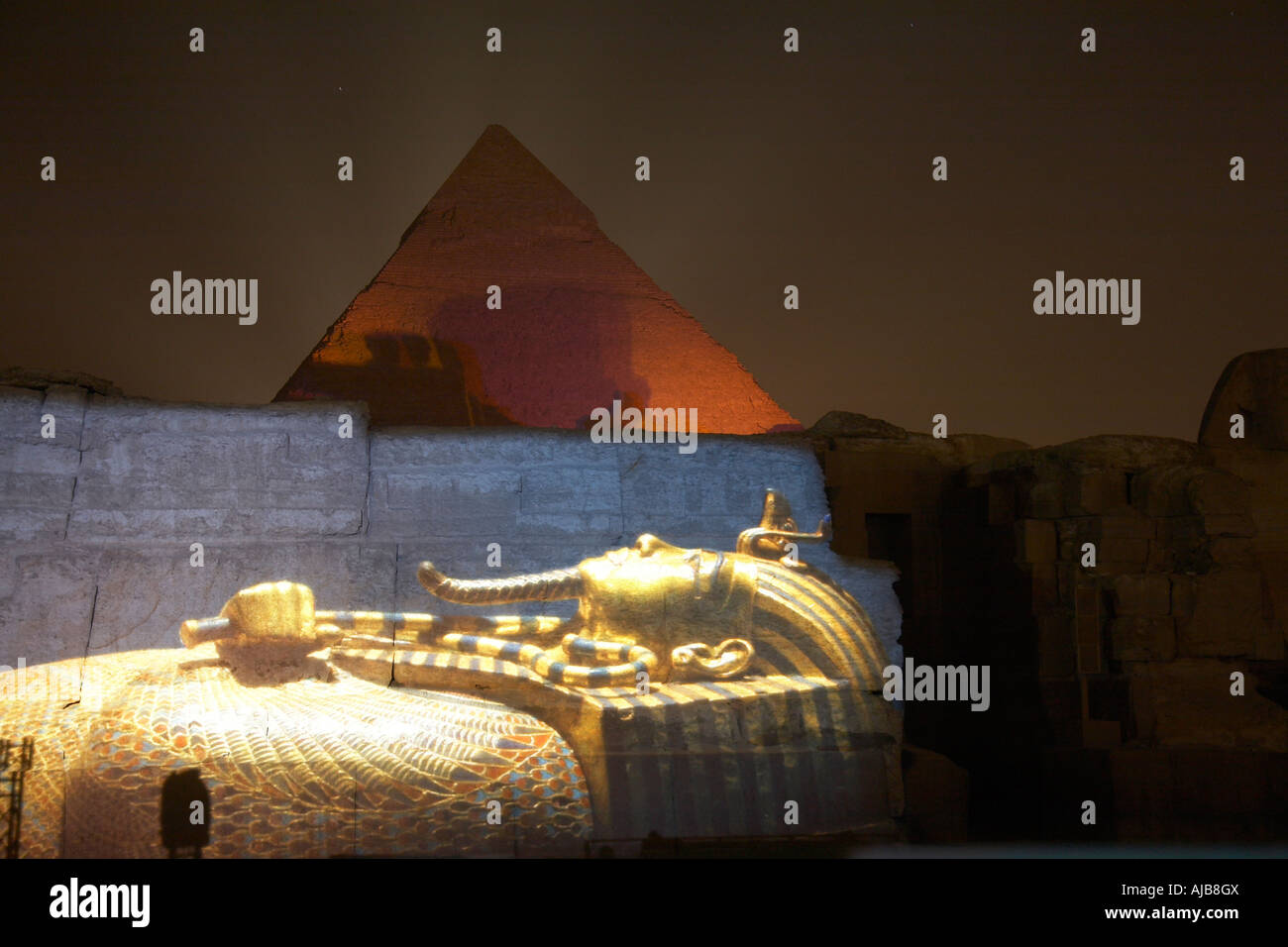 Pyramid of Khafre Chefren and ruins illuminated with Tutankhamun during ...