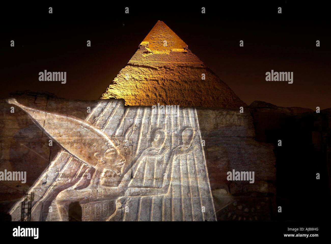 Pyramid of Khafre Chefren and ruins illuminated during dramatic evening ...