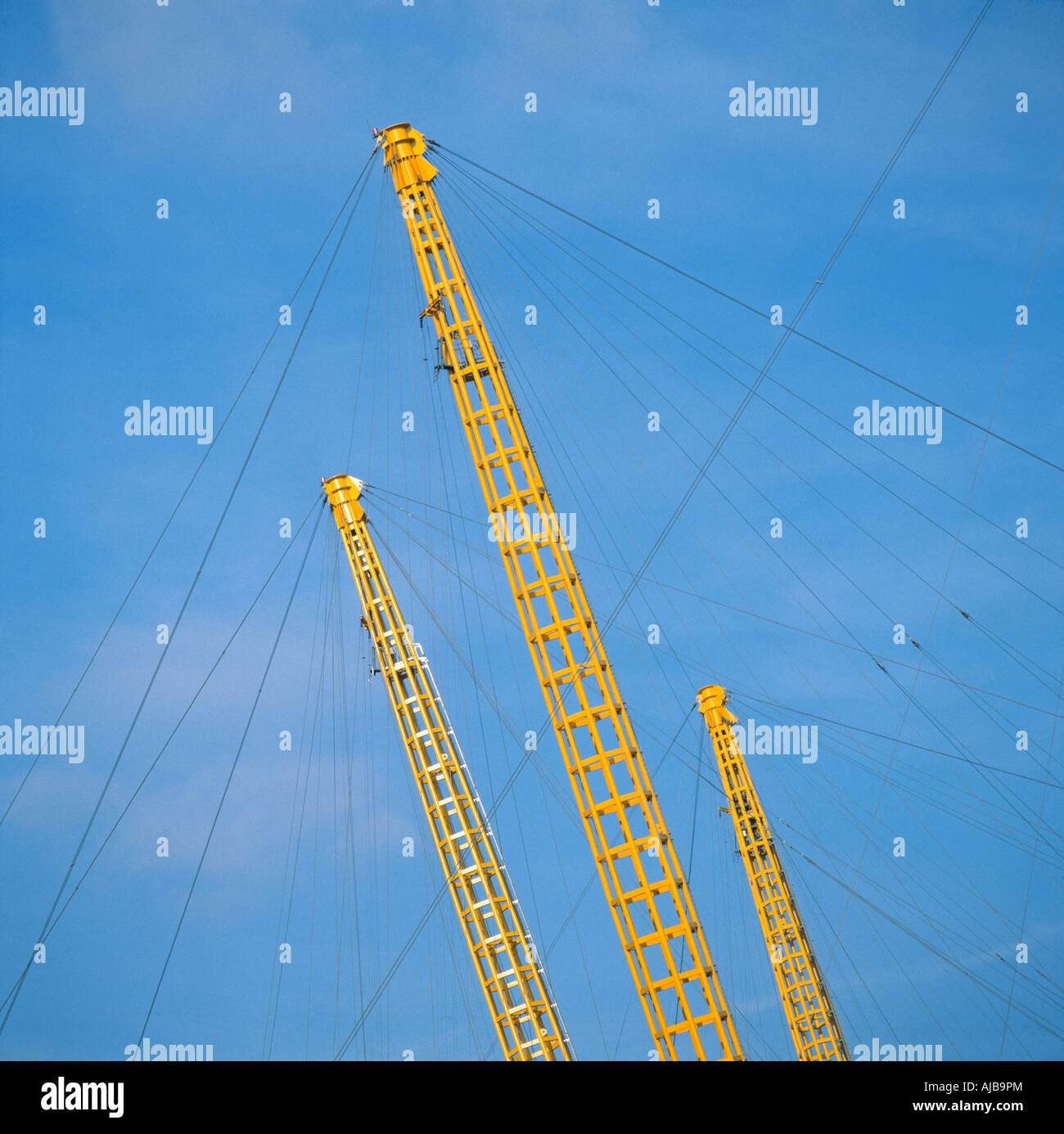 Yellow pylons and cables for roof support during construction of ...