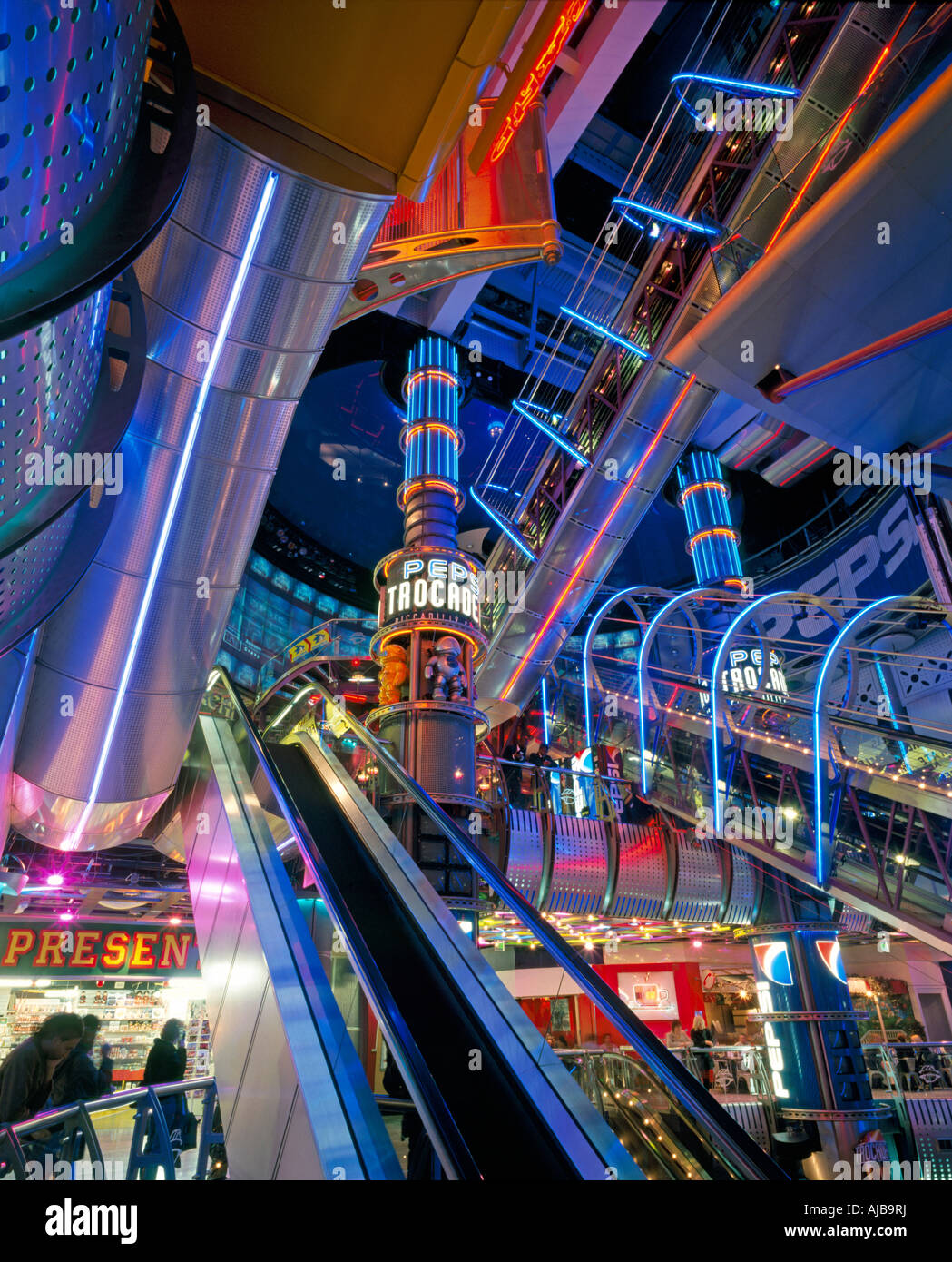 futuristic space age interiors of London Trocadero with neon lights and ...