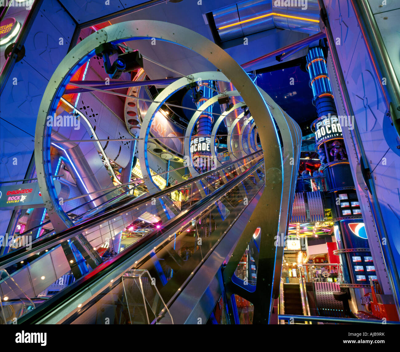 futuristic space age interiors of London Trocadero with neon lights and ...