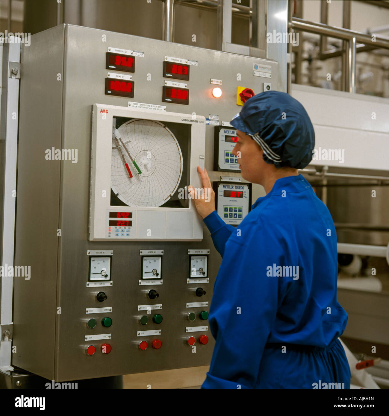 Woman or girl working in industrial process plant laboratory for ...