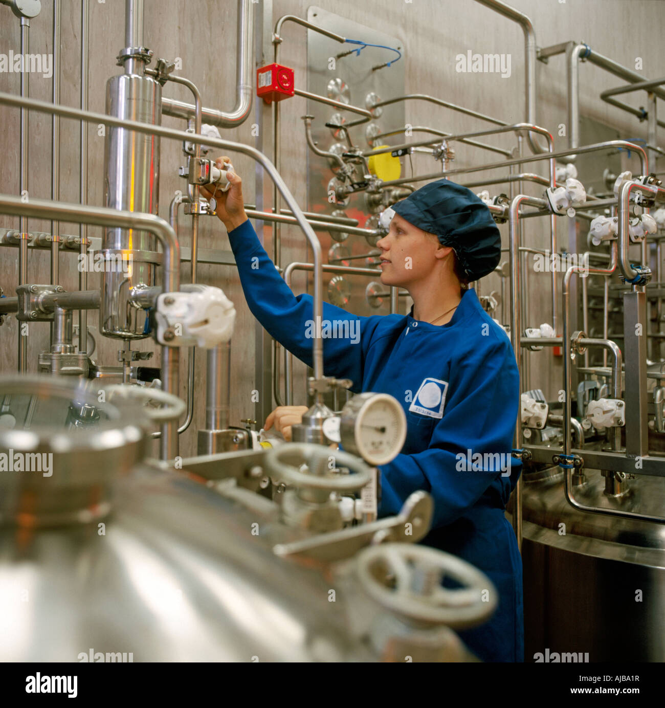 Woman or girl working in industrial process plant laboratory for ...