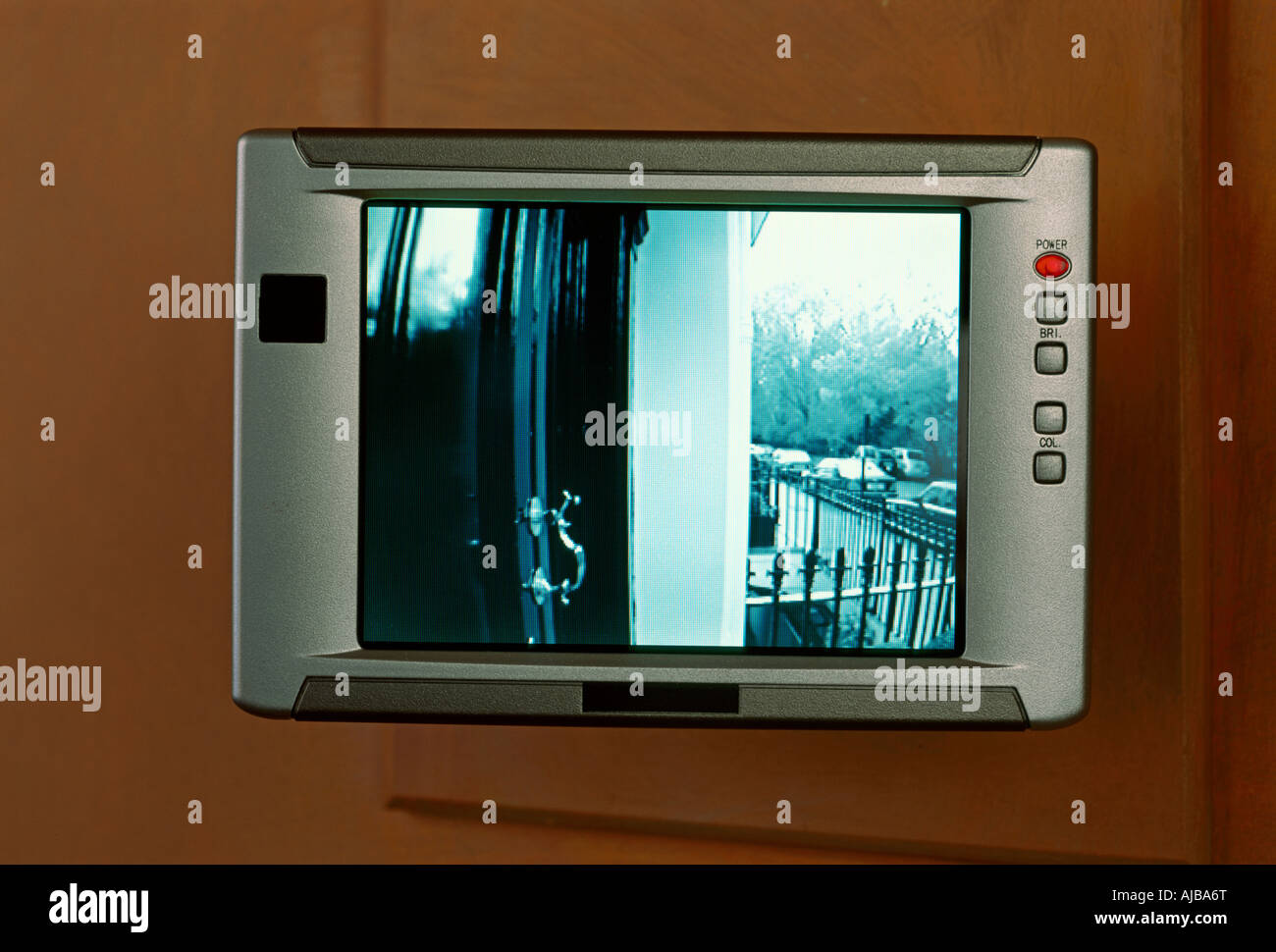 Video monitor on security control panel console with view of street ...