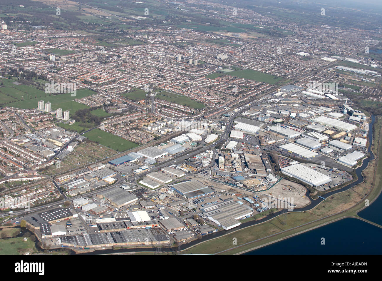 Aerial view north west of Brimsdown Industrial Estate and suburban ...