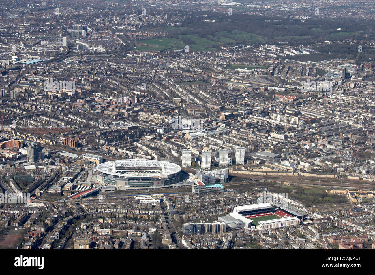 Aerial view west of Emirates Stadium and Arsenal Football Ground ...