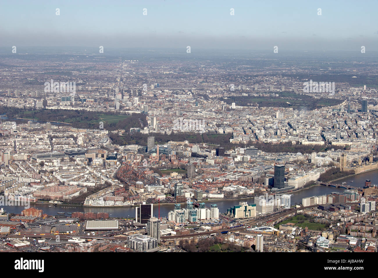 Aerial view north west of River Thames Belgravia Pimlico and ...