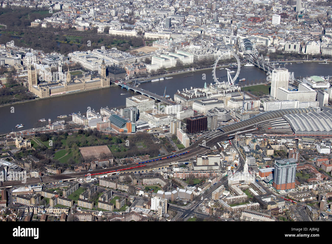 Aerial view north west of River Thames Houses of Parliament London Eye ...