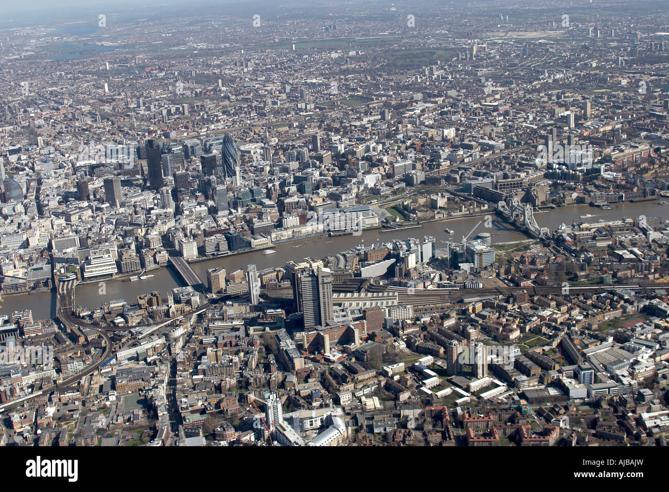 Aerial view north east of River Thames Tower Bridge The City of London ...