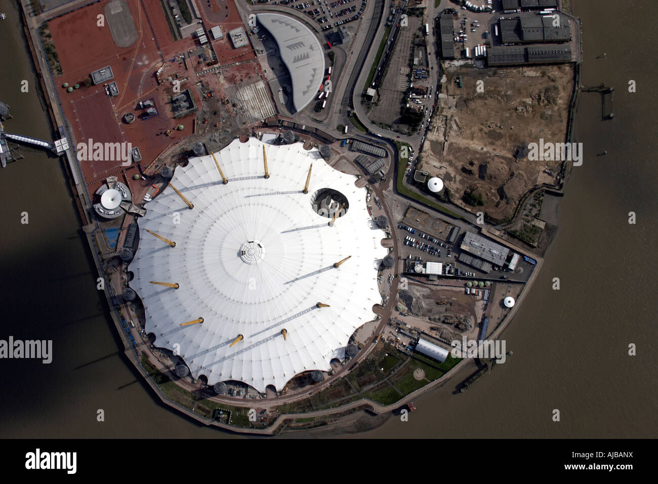 Aerial view south east of Millennium Dome and River Thames North ...