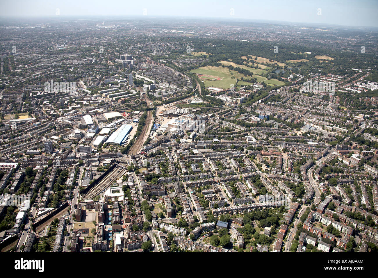 Aerial view south east of Hampstead Heath and Hampstead suburban ...