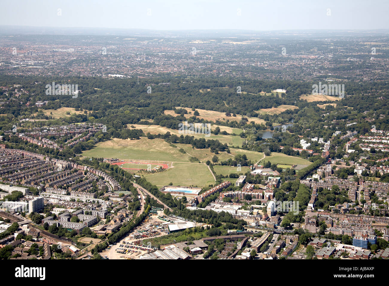 Aerial view north west of Hampstead Heath Running Track and Swimming ...