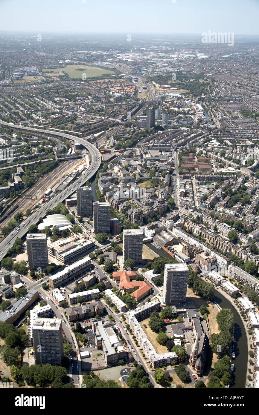 Aerial view south east of Westbourne Green suburban housing tower ...