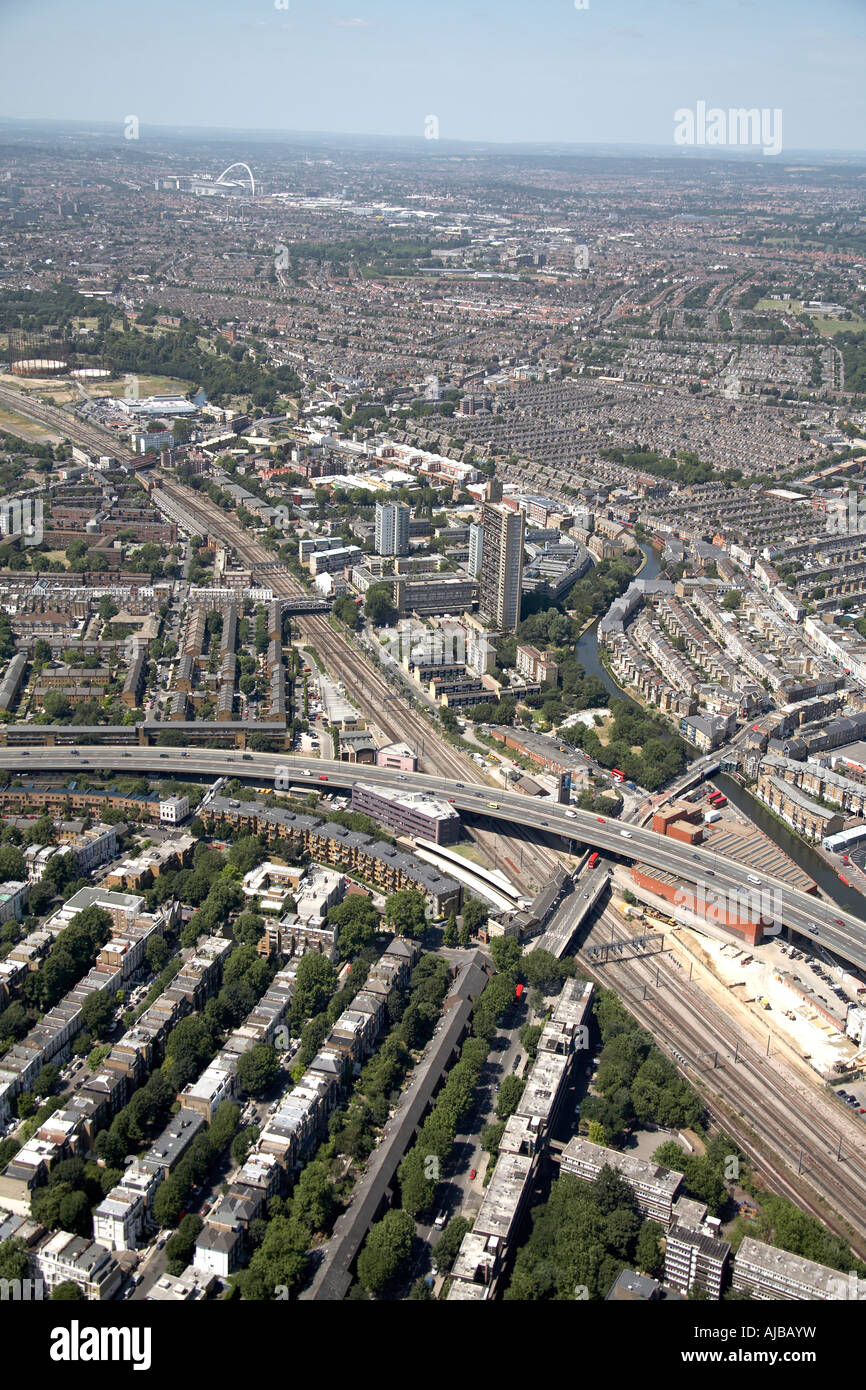 Aerial view north west of Westbourne Green suburban housing tower ...