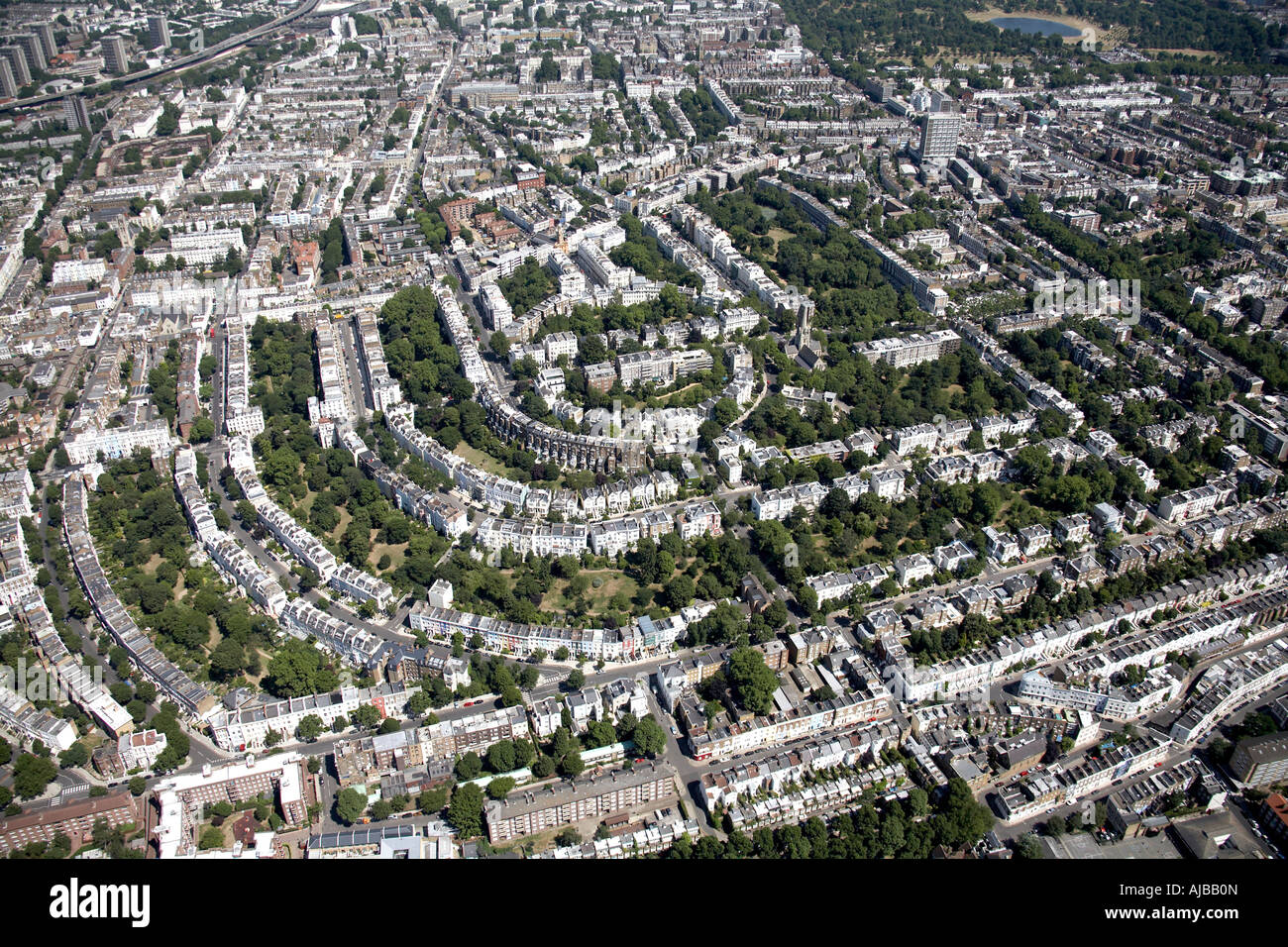 Aerial view east of Ladbroke Grove suburban housing Nottinghill London ...