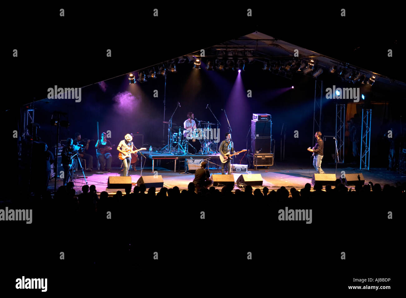 Band on main amphitheatre stage at night at Woodford Folk Festival ...