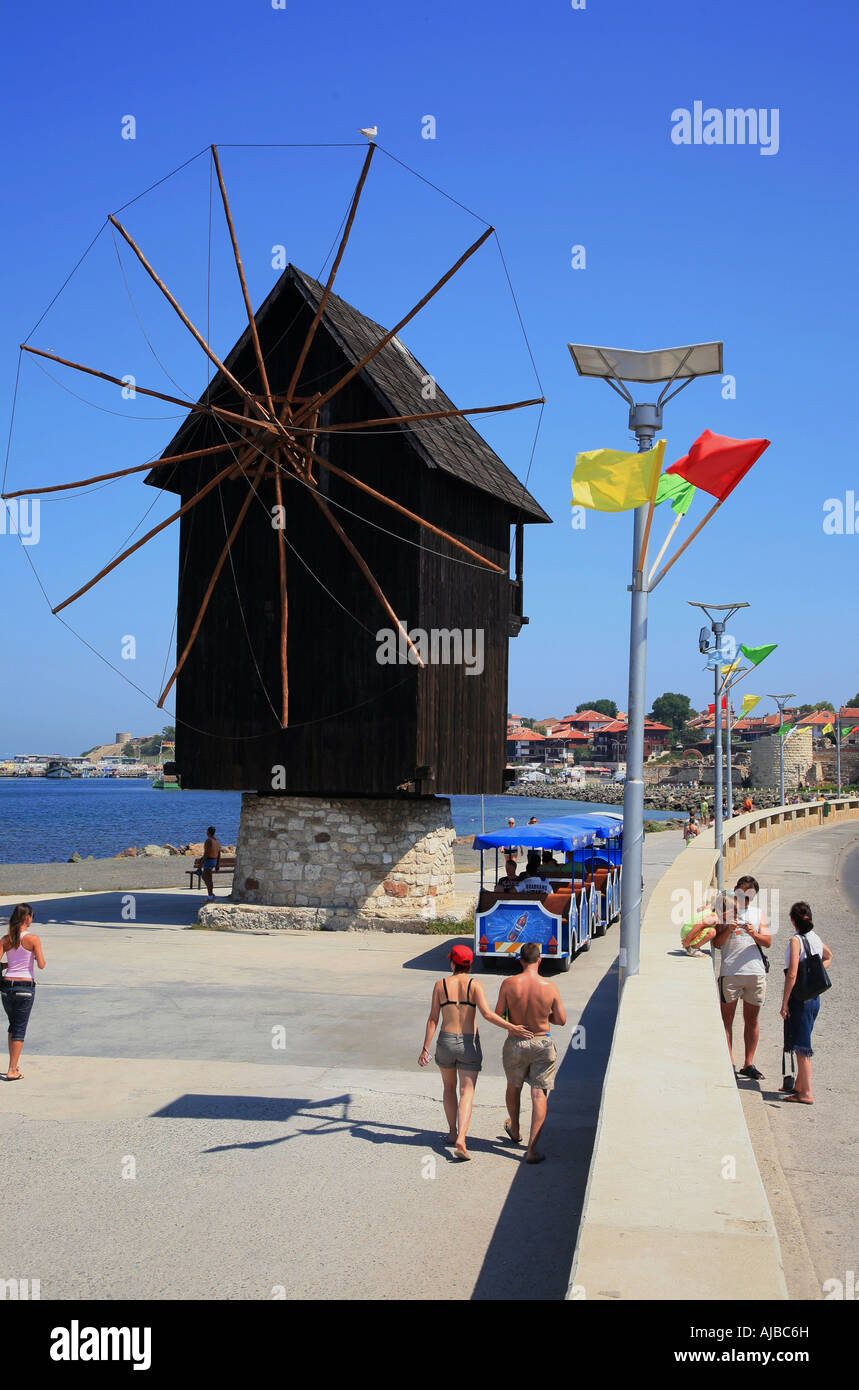 Historic windmill on the causeway leading to the old town of Nessebar ...