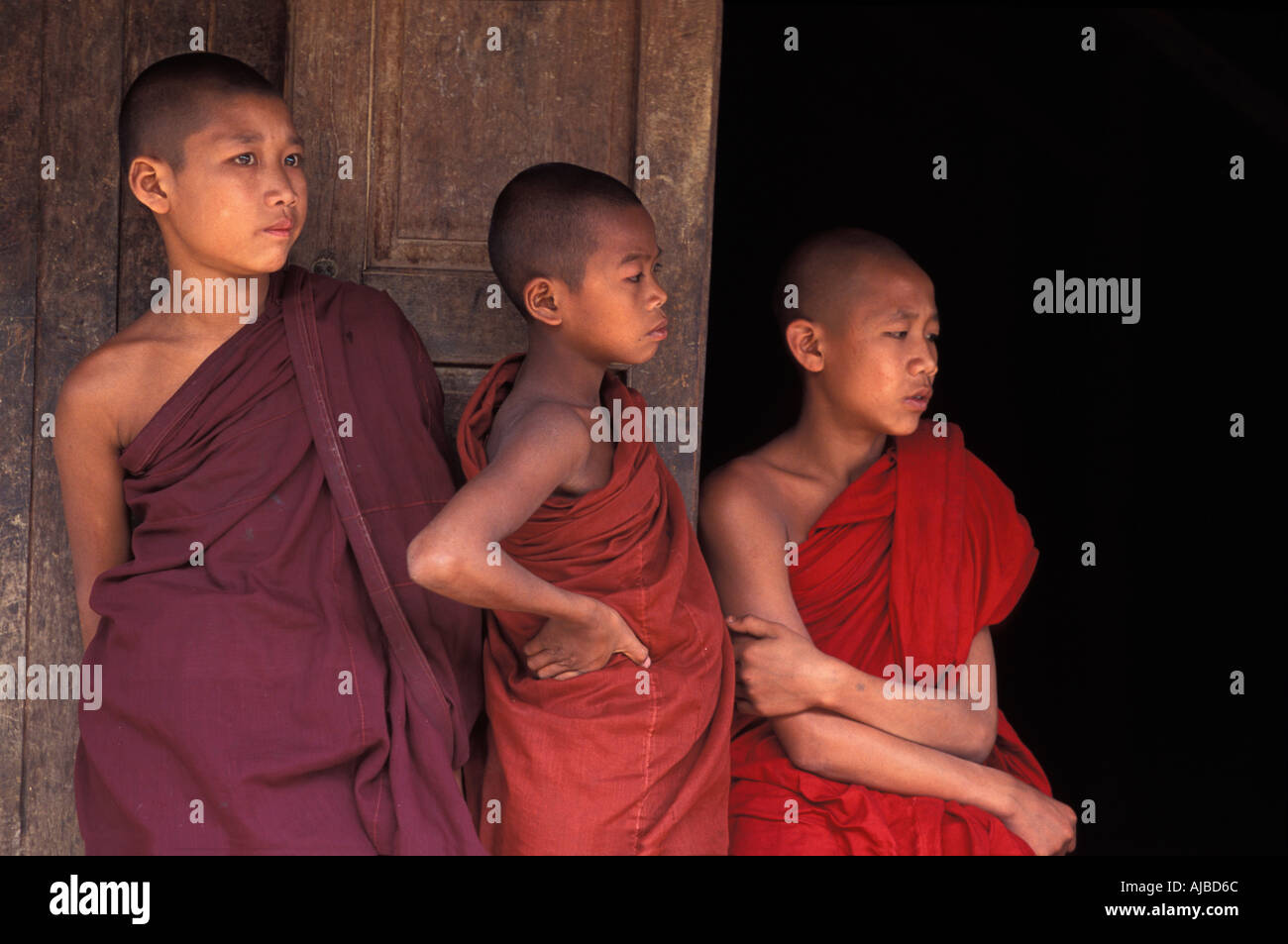 Novice monks outside the rural monastery in Shwe Mine Bone village Shan ...