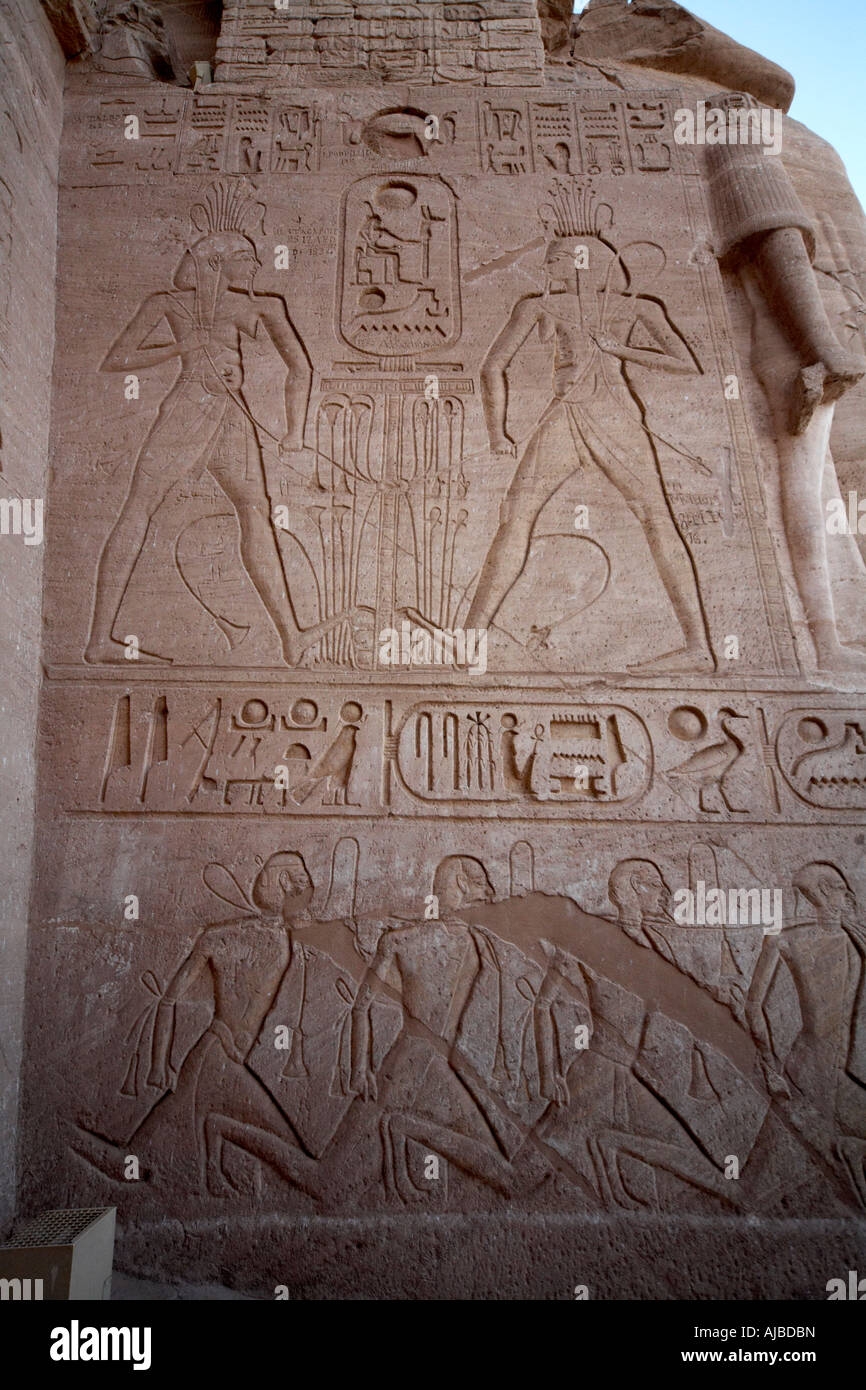 Carving of Habi Nile god tying lotus and papyrus to symbolise joining ...