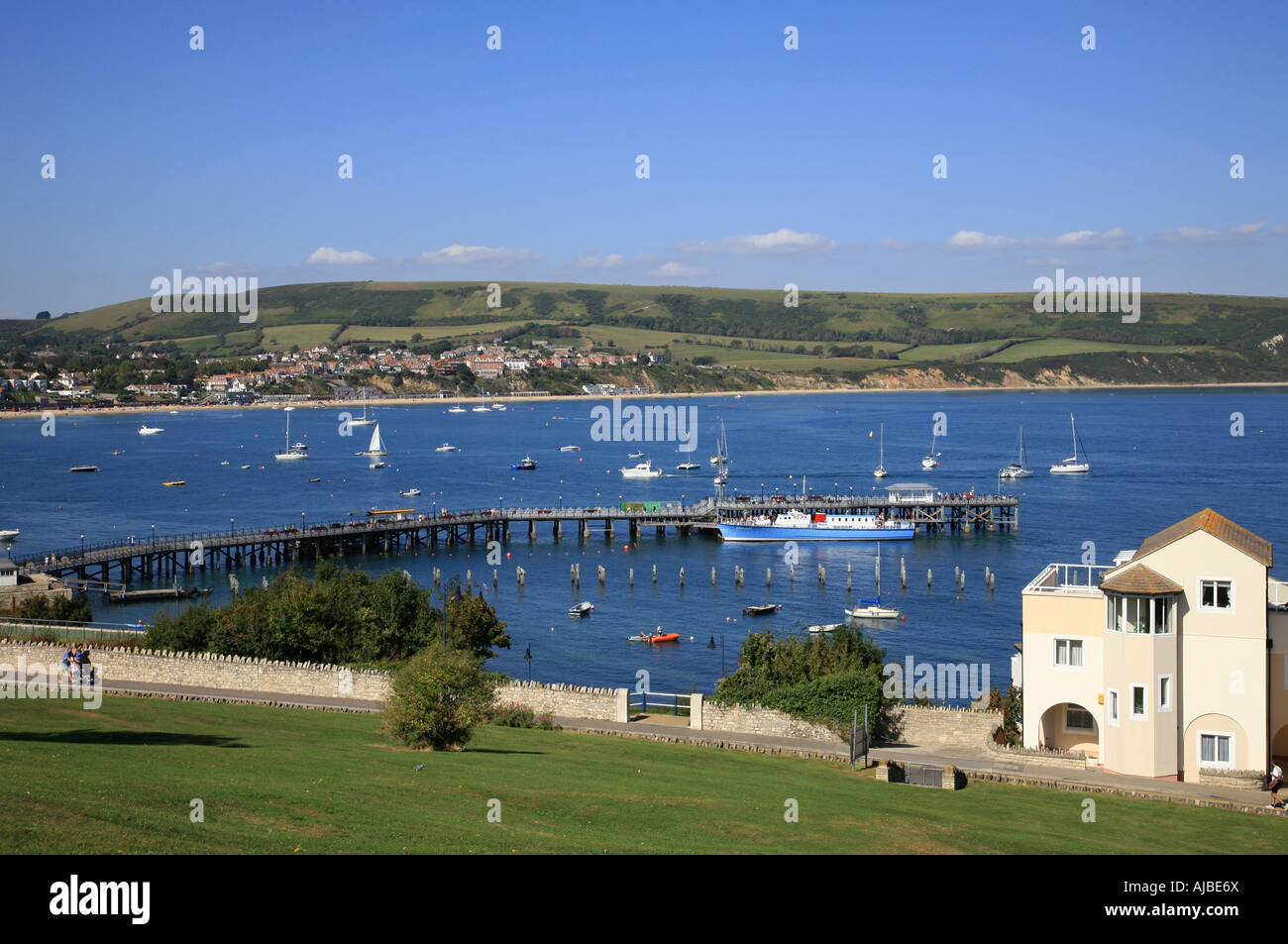 Swanage - View of the popular seaside resort showing the pier Stock ...
