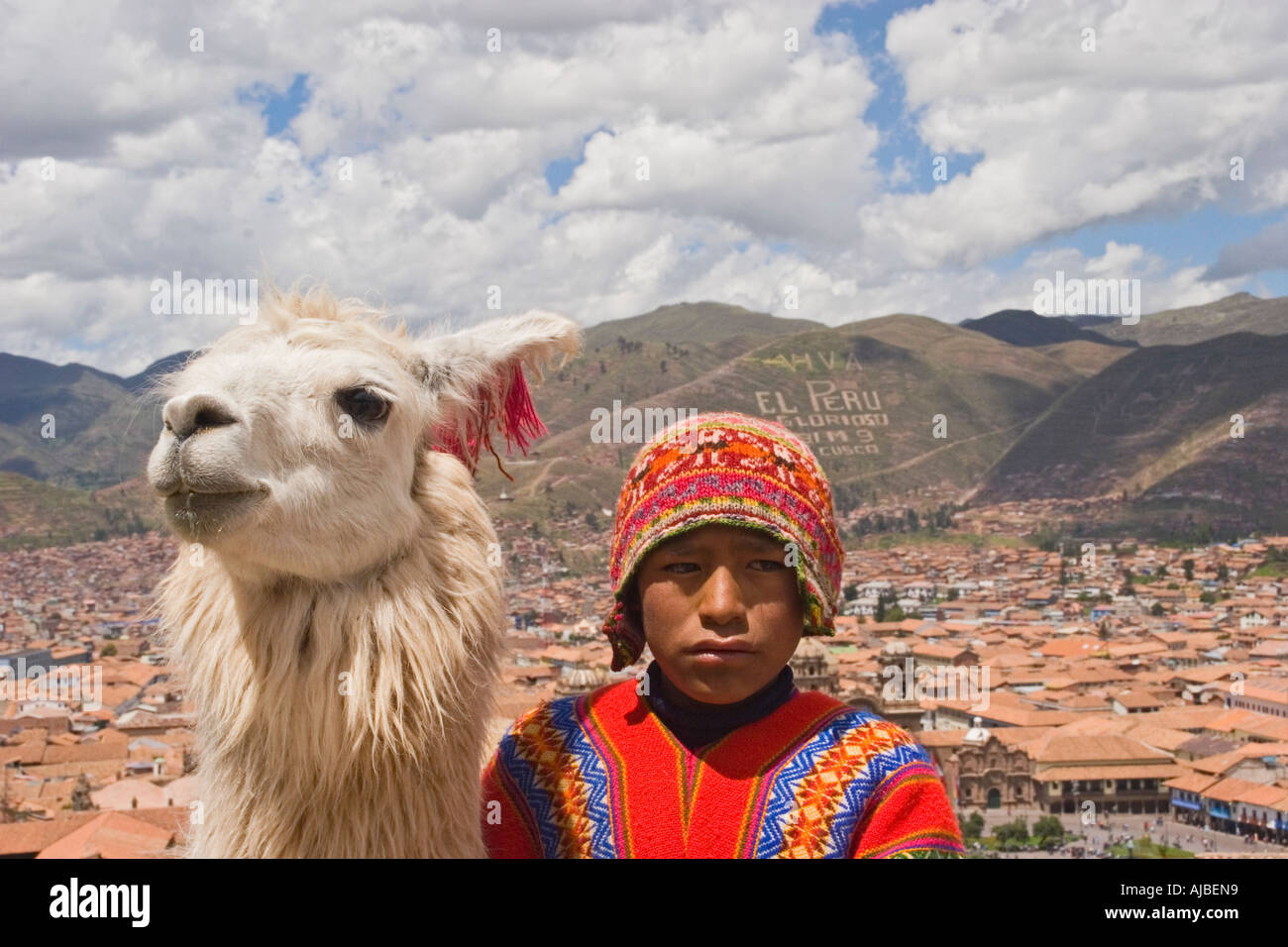 Young traditionally dressed Peruvian boy with alpaca infront of Cusco ...