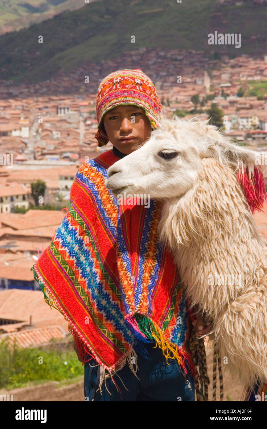 Young traditionally dressed Peruvian boy with alpaca infront of Cusco ...