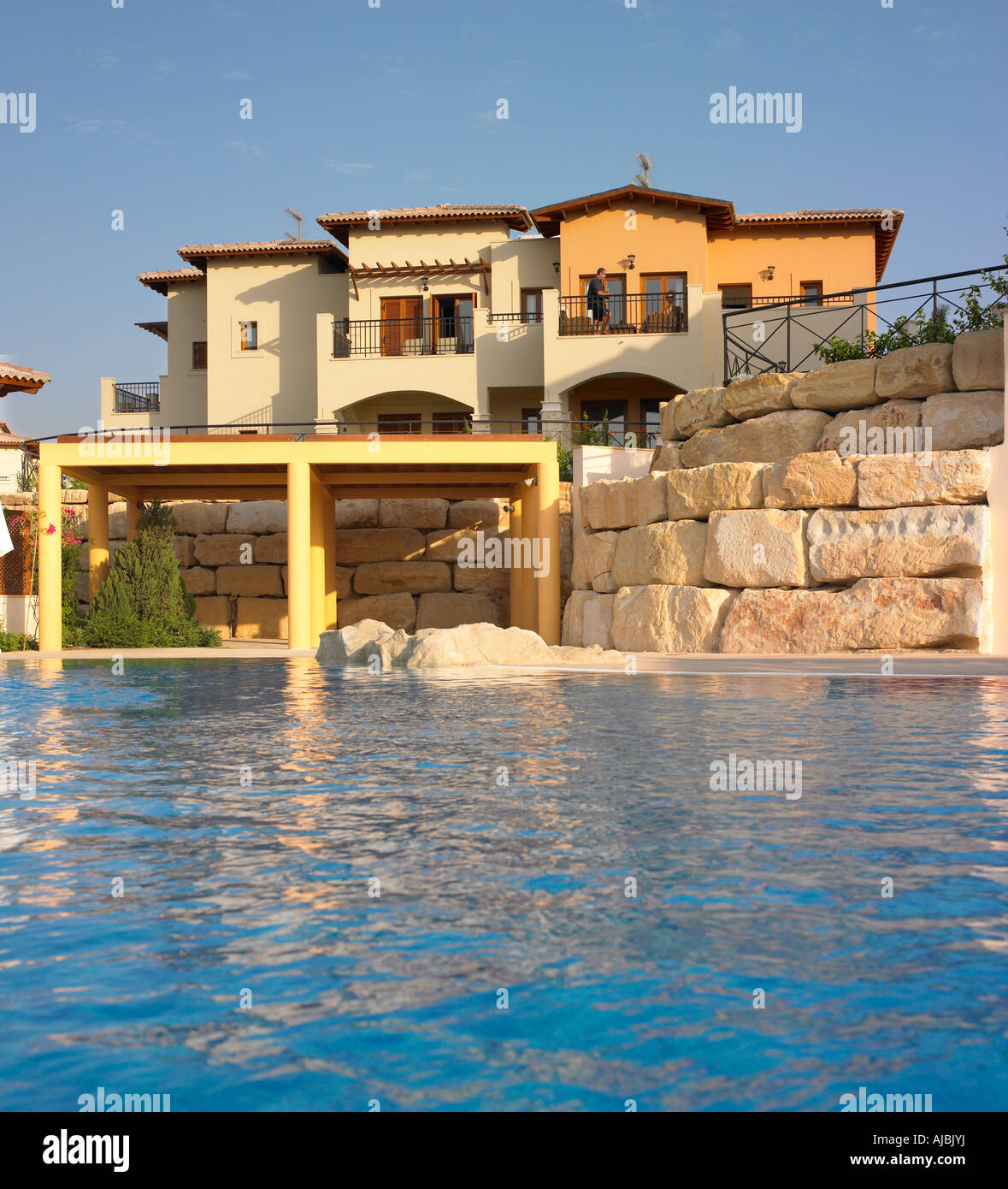 Looking over the swimming pool in Cyprus Stock Photo - Alamy