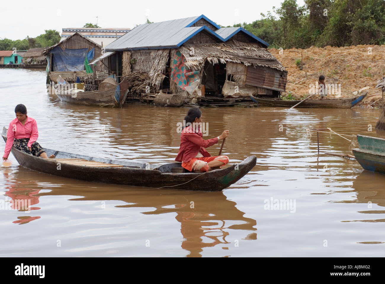 Cambodia Two Girls Rowing Boat Chong Kneas Floating Village Lake Tonle ...
