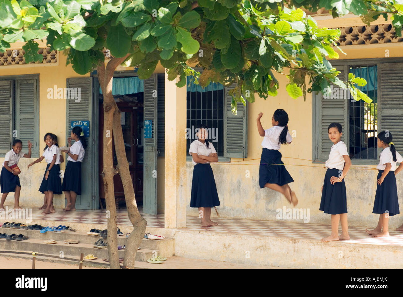 Cambodia Elementary School Girls Outside Jumping Rope Having Fun Stock ...