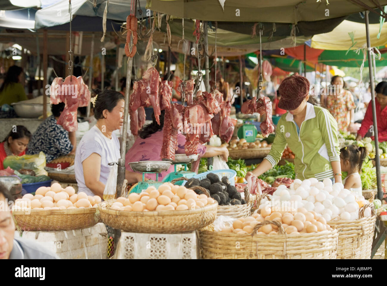 Cambodia Phnom Penh Woman Food Shopping In Traditional Asian Market ...