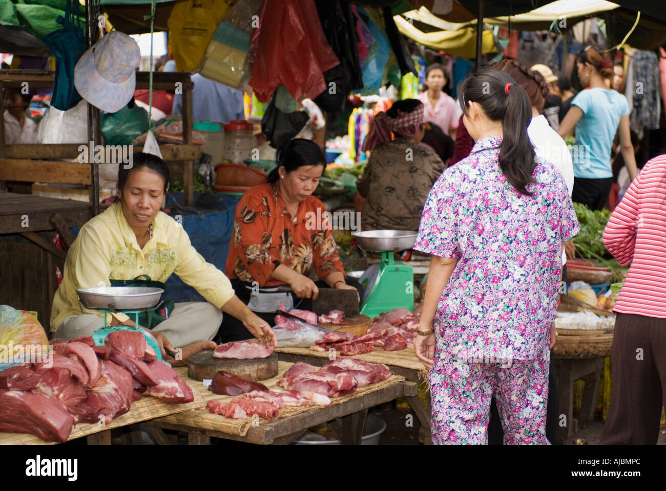 Cambodia Phnom Penh Women Selling Fresh Meat In Traditional Market ...