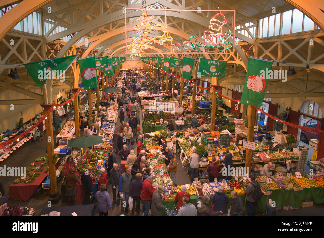 Looking down from above at people shopping in the indoor Pannier Market ...