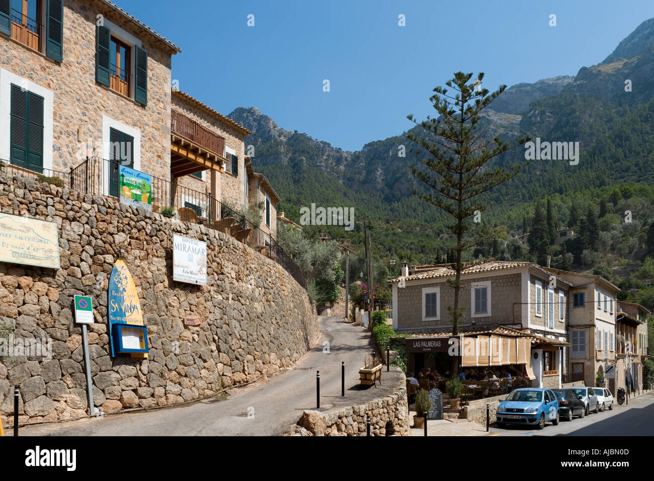Village centre of Deia on the main West Coast road, Mallorca, Spain ...