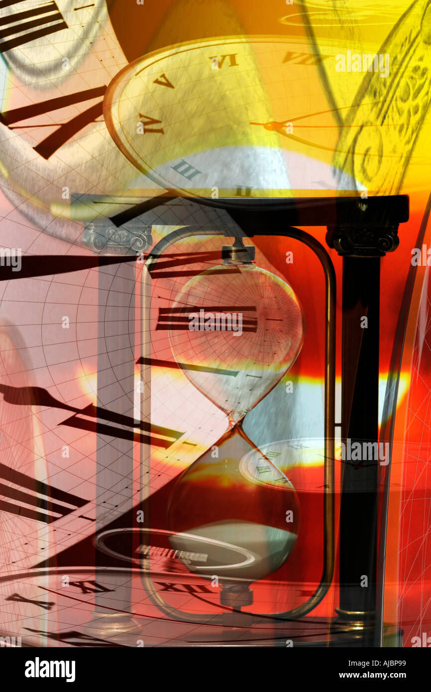 Concepts of Time and World Travel Hour Glass and Clock Faces and Sun ...